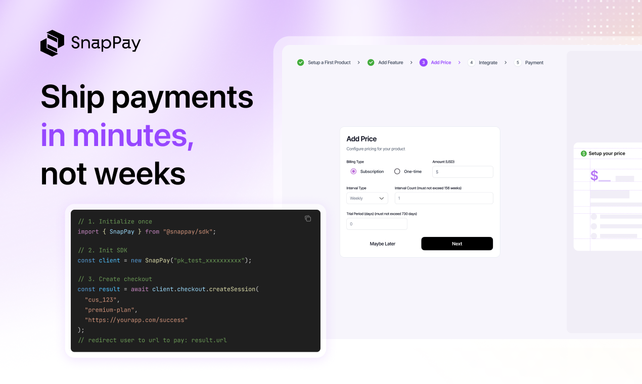 SnapPay: Create a checkout in 1 line of code with clean SSE events | Product Hunt